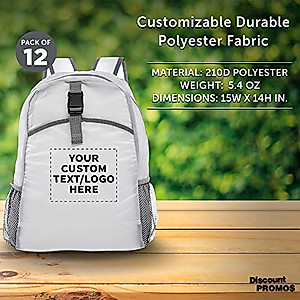 DISCOUNT PROMOS Custom Lightweight Travel Packable Backpacks Set of 12, Personalized Bulk Pack - Perfect for Camping, Outdoor Sports - White