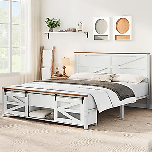YITAHOME Queen Size Farmhouse Bed Frame with Sliding Barn Door Storage Cabinets, Platform Bed Frame with 47.2" Headboard, Solid Metal Slats Support, Noiseless, No Box Spring Needed, White