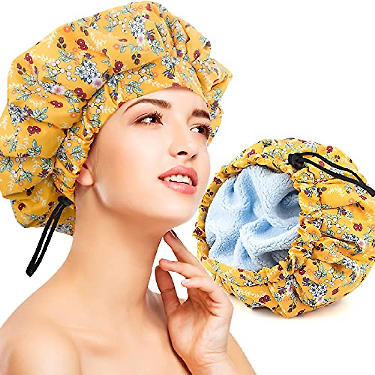 Luxury Shower Cap for Women, Waterproof Reusable Shower Caps Double Layers Microfiber Terry Lined with Dry Hair Function, Extra Large for Long Hair, Adjustable for Most Heads Size