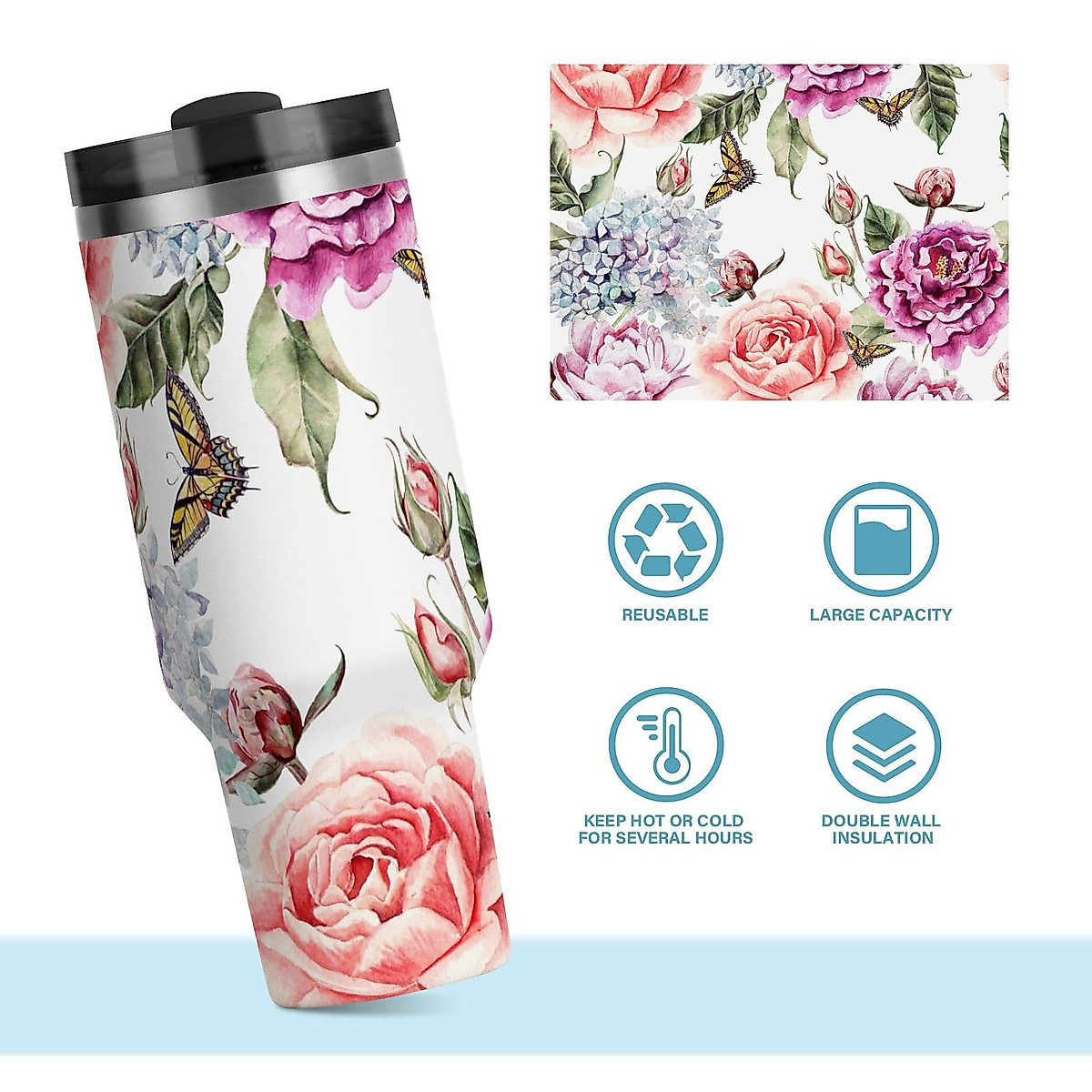 Yasala Car Tumbler with Handle Peony Butterfly Watercolor Travel Mug Coffee Cup Insulated Beverage Container Mega Cup for Hot Cold Drinking Thermos Water Bottle Cupholder Friendly 40 oz