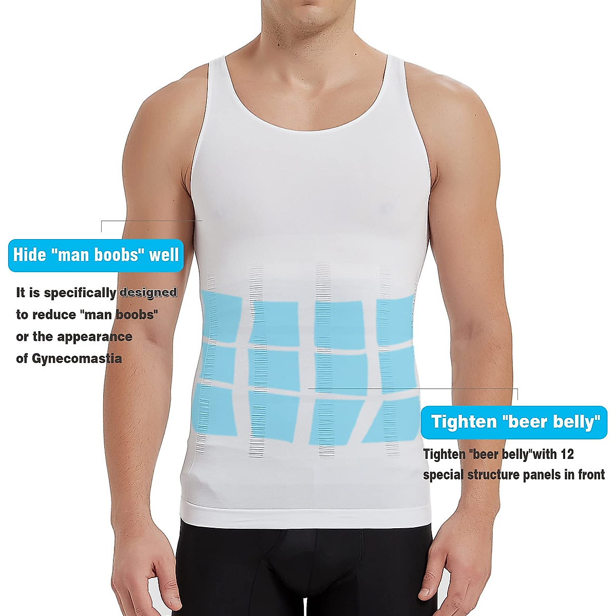 KOCLES Mens Athletic Compression Shirt Slimming Body Shaper Tank Top Abs Abdomen Slim Vest Undershirt (White, Large)