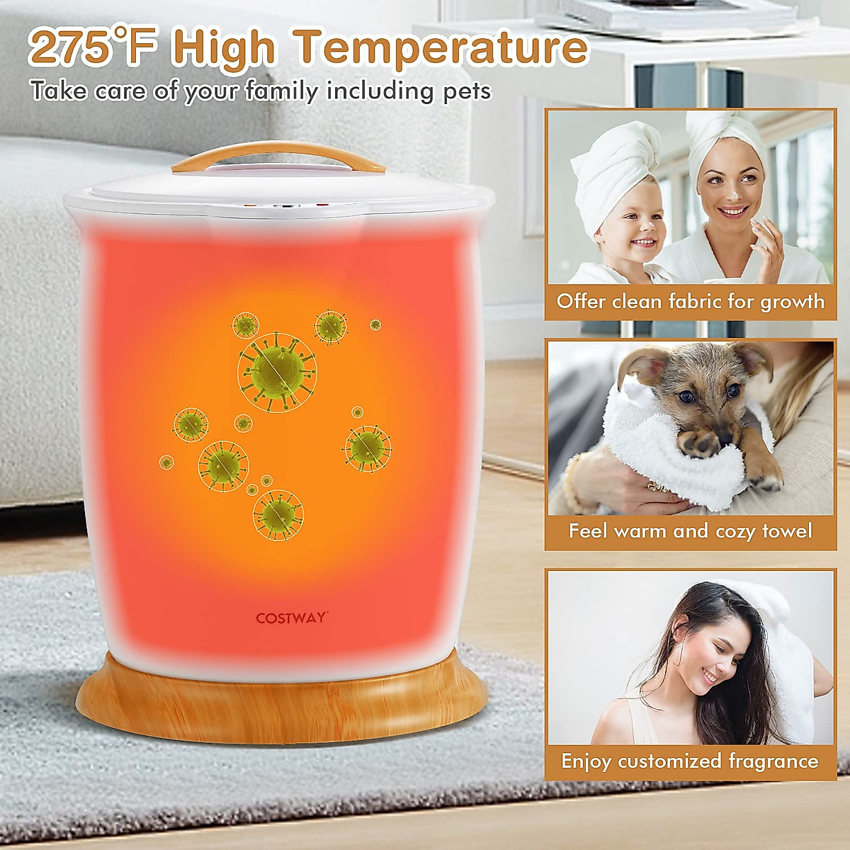 COSTWAY Bucket Style Towel Warmer, Large Towel Warmer with Fragrance Holder, Fits up to Two 40” x 70” Oversized Towels, Bathrobes, Blankets, Auto Shut Off, Luxury Towel Warmer for Bathroom, Spa