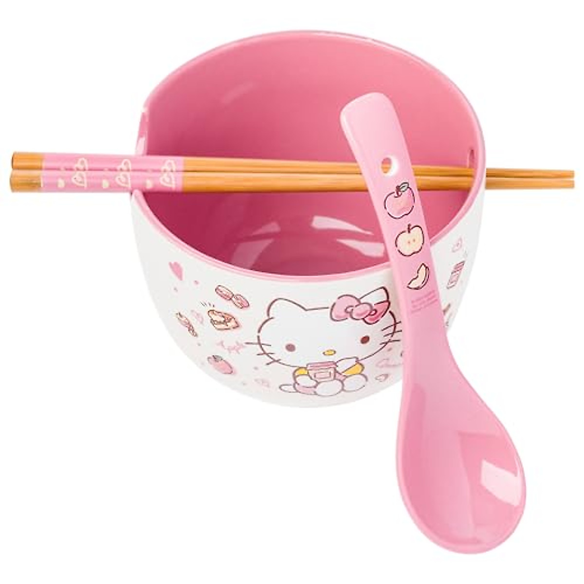 Silver Buffalo Sanrio Hello Kitty Apples and Cinnamon Ceramic Ramen Noodle Rice Bowl with Chopsticks and Spoon, Microwave Safe, 20 Ounces