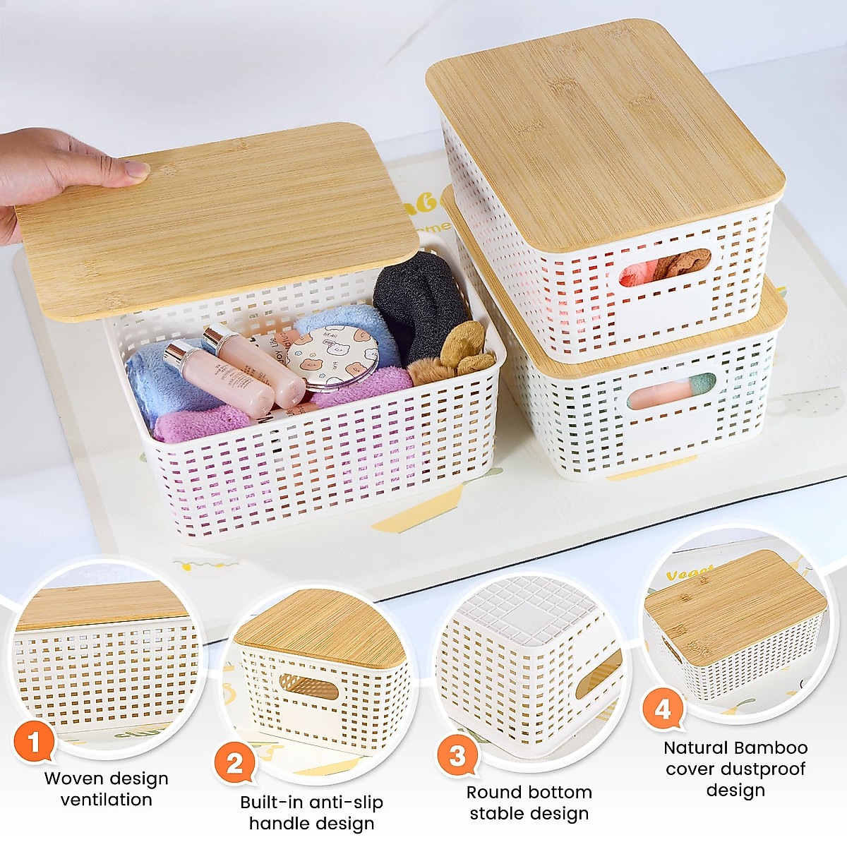Plastic Storage Baskets With Bamboo Lid - Plastic Storage Containers Stackable Storage bins: Storage Baskets for Organizing Shelves Drawers Desktop Closet Playroom Classroom Office, 6 Pack