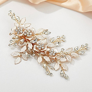 SWEETV Light Rose Gold Wedding Clip Rhinestone Bridal Comb Barrette - Handmade Flower Clip Head Pieces for Women