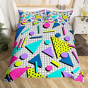 Memphis Style Duvet Cover Full Abstract Colorful Design with Dots Funky Bedding Set for Kids Child Girls Vintage Eighties Comforter Cover Memphis Fashion Bed Sets 80'S Style Retro 1980s Home Decor