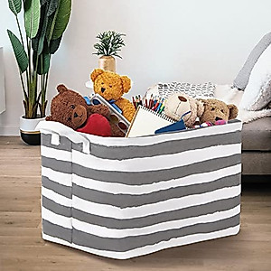 Consmos Rectangle Storage Baskets for Organizing Shelves Set of 3, Collapsible Canvas Storage Bins Nursery Hamper Toy Storage Organizer with Handles for Toys Books Clothes, Gray& White Stripe