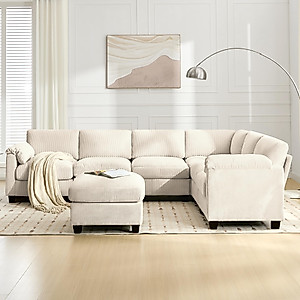 Bumblr Oversized Corduroy Sectional Couches for Living Room with Movable Ottoman, 6 Seater Modern Convertible L Shaped Modular Sectional Sofa with Reversible Chaise, Comfy Corner Sofa Couch Set, Beige