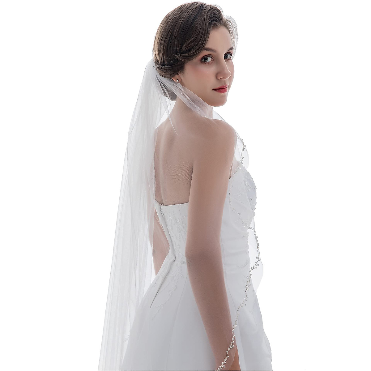 SAMKY 1T 1 Tier Offset Flower Vine Edge Crystal Pearl Veil - Light Ivory Fingertip Length 36" V503