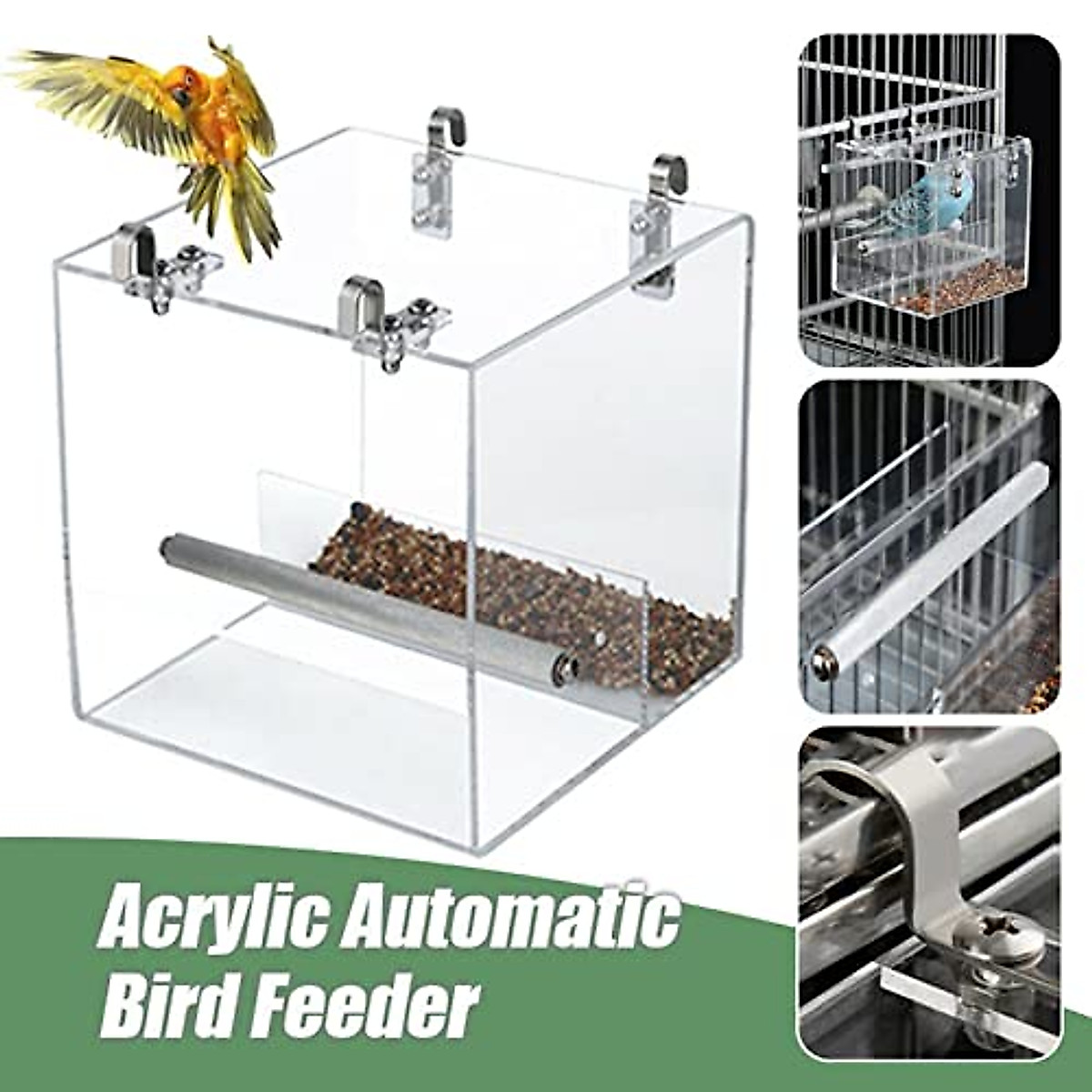 Automatic Bird Feeder No Mess Bird Cage Pet Feeder Seed Food Container for Parakeet Canary Cockatiel Parrot Finch Canary Acrylic (Small)