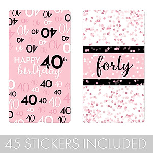 DISTINCTIVS Pink, Black, and White 40th Birthday Party Mini Candy Bar Wrappers - 45 Count, Pink Birthday Decorations for Women