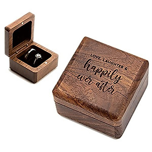 MUUJEE Love, Laughter & Happily Ever After Double Ring Box - Engraved Wooden Ring Case Box for Wedding Ceremony Engagement Proposal Ring Bearer Box - Anniversary Birthday Gift Ideas