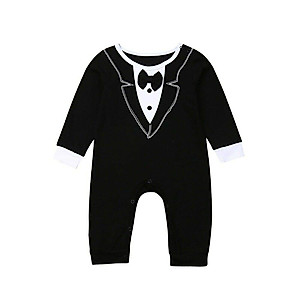 Baby Boy Gentleman Shirt Bowtie Romper Tuxedo Jumpsuit Overall Black Suit Clothes 0-18M (Black, 0-6 Months)