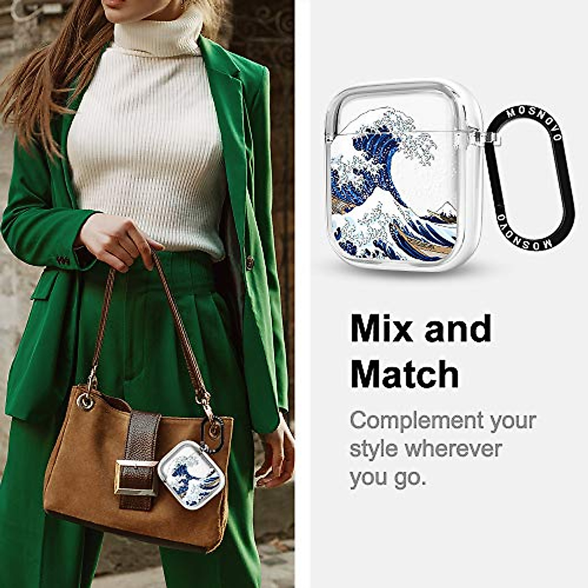 MOSNOVO AirPods Case, Apple AirPods 1 &2 Case, Cool Tokyo Wave Clear Case Design with Luxe Metal Ring Shockproof Protective Cover Case for AirPods