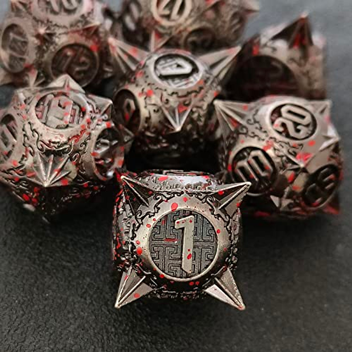 Metal DND Dice Set, Round Tip Dice 7 Polyhedral Dice, Mtg Pathfinder D20 Set for Rpg Roleplaying Dice Game D20 Free Leather Storage Bag Bloodstains