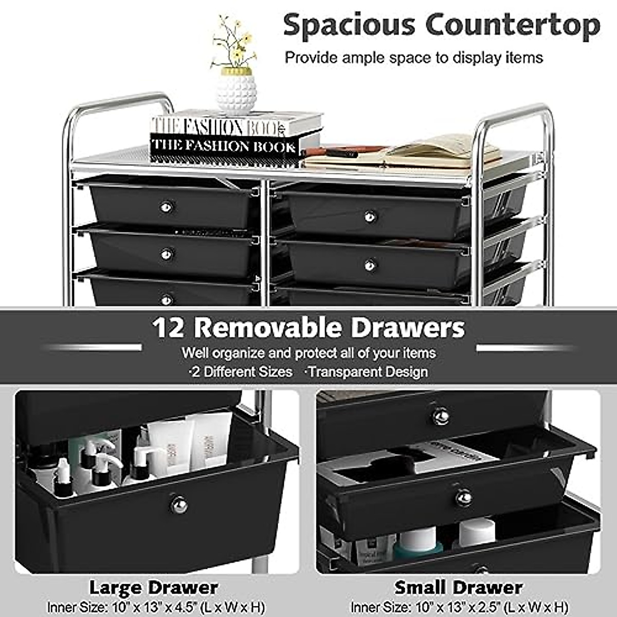 12-Drawer Rolling Storage Craft Cart and Organizer - Rolling Organizer Cart Tools and 4 Universal Casters (Black)