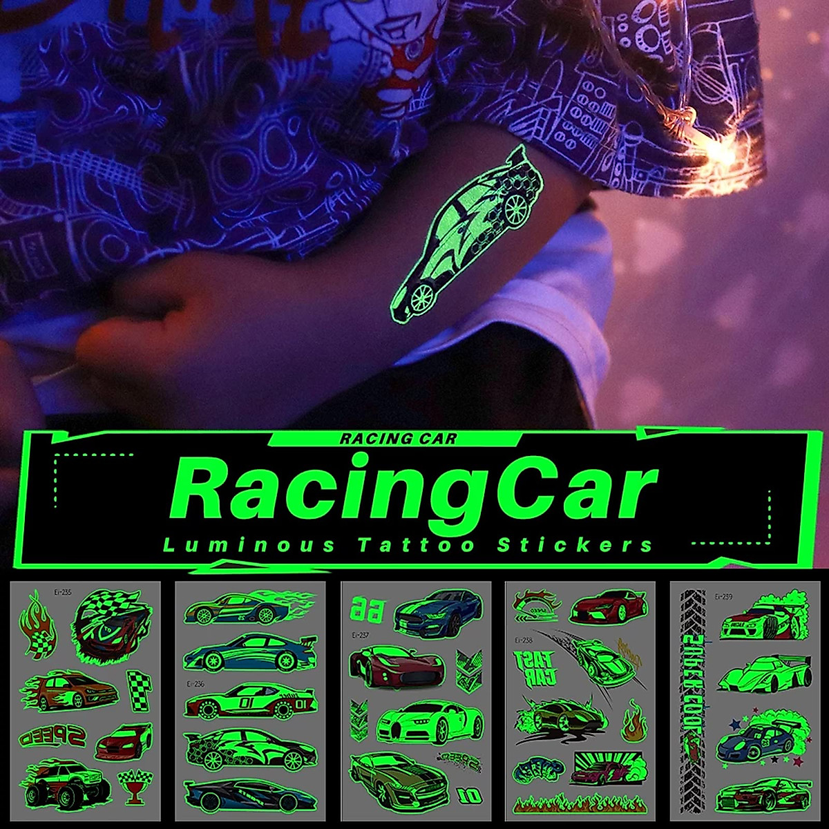 6 Sheets Car Temporary Tattoos for Kids Boys Glow Race Car Body Stickers Waterproof Tattoo Stickers Luminous Vehicle Cute Tattoo Sticker Gifts Birthday Party Supplies Favors Bag Filler Decorations