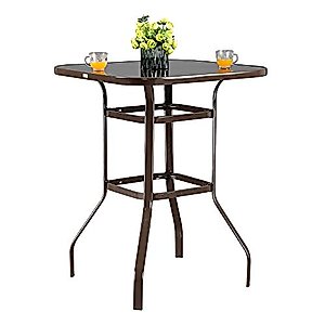 VINGLI Outdoor Bar Table Metal Brown Patio Bar Table, Tempered Glass Table Top Outdoor Console Tables Pub Table for Patio High Top Table