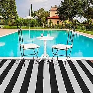 Pcinfuns Plastic Straw Rug,Patio Rugs RV Camping Rug Reversible Mat,6'x9' Large Floor Mat and Rug for Outdoor,Black and White Stripes