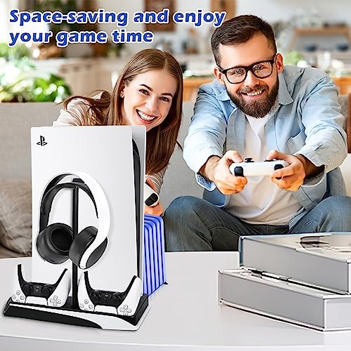 PS5 Cooling Station with RGB LED for Playstation 5 Console, Grathia Dual Fast PS5 Controller Charging Station with Cooling Fan, PS5 Controller Charging Doking Station with 12 Games & Headset Holder