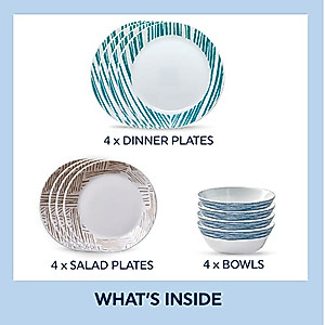 Corelle Everyday Expressions 12-Pc Dinnerware Set, Service for 4, Durable and Eco-Friendly, Higher Rim Glass Plate & Bowl Set, Microwave and Dishwasher Safe, Geometrica