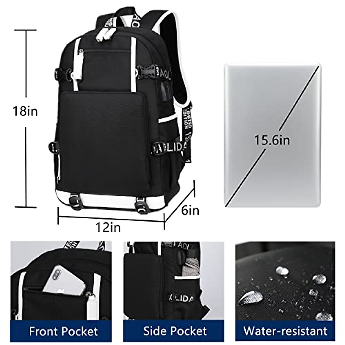 QHRIDS Fashion Laptop Backpack 15.6 Inch with USB Charging Port Travel Outdoor Casual Daypacks Sports Bag College Large Backpacks for Women Men