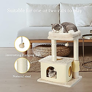 MECOOL Cat Tree,Scratching Posts with Condos Cats Tower Beds and Dangling Ball Toys,Massage Brush 5in1 Multi-Purpose for Indoor Kittens and Cats(Beige)