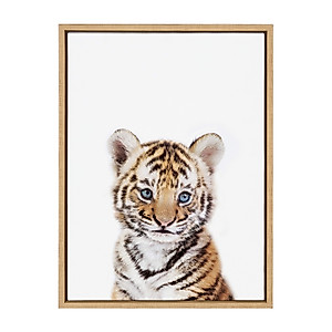Kate and Laurel Baby Tiger Portrait Framed Canvas Wall Art by Amy Peterson, 18x24 Natural, Cute Baby Animal Home Decor