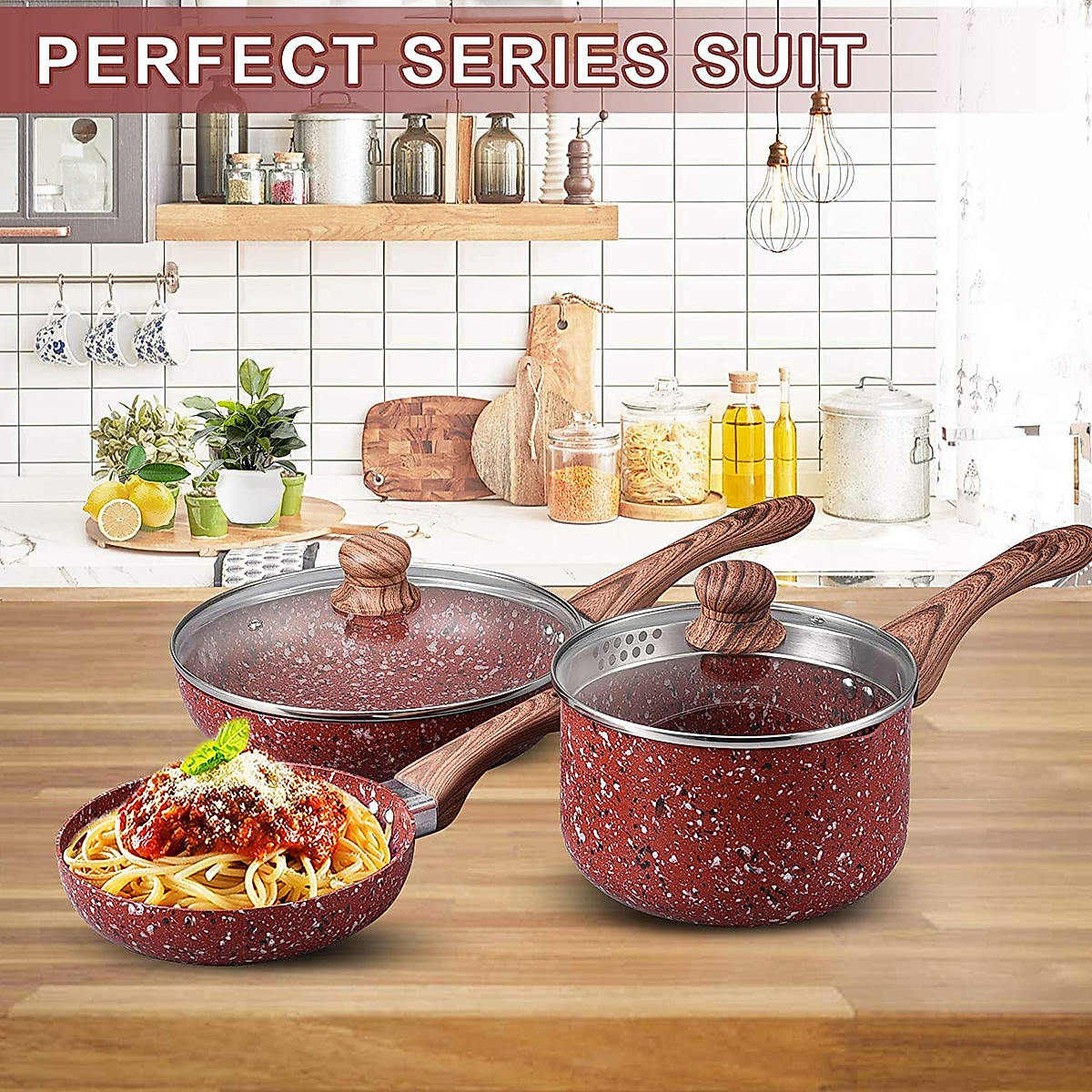 KOCH SYSTEME CS Nonstick Cookware Set - Saucepan and Frying Pans/Skillets Set, Induction Cooker Compatible, Red Stone-Derived Nonstick Coating & Cool-to-Touch Bakelite Handle, PFOS PFOA Free, 5 Piece