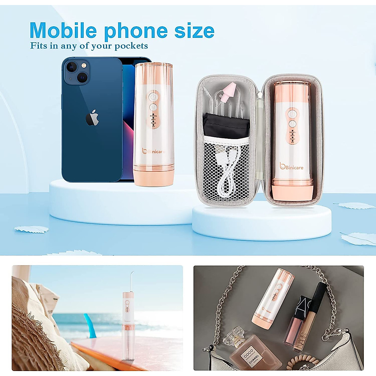 Water Flosser, Binicare Water Flosser for Teeth, IPX7 Waterproof 200 ml 6 Jet Tips &Travel Case, DIY Portable Dental Oral Irrigator Rechargeable Suitable for Travel Office and Home(Pink)