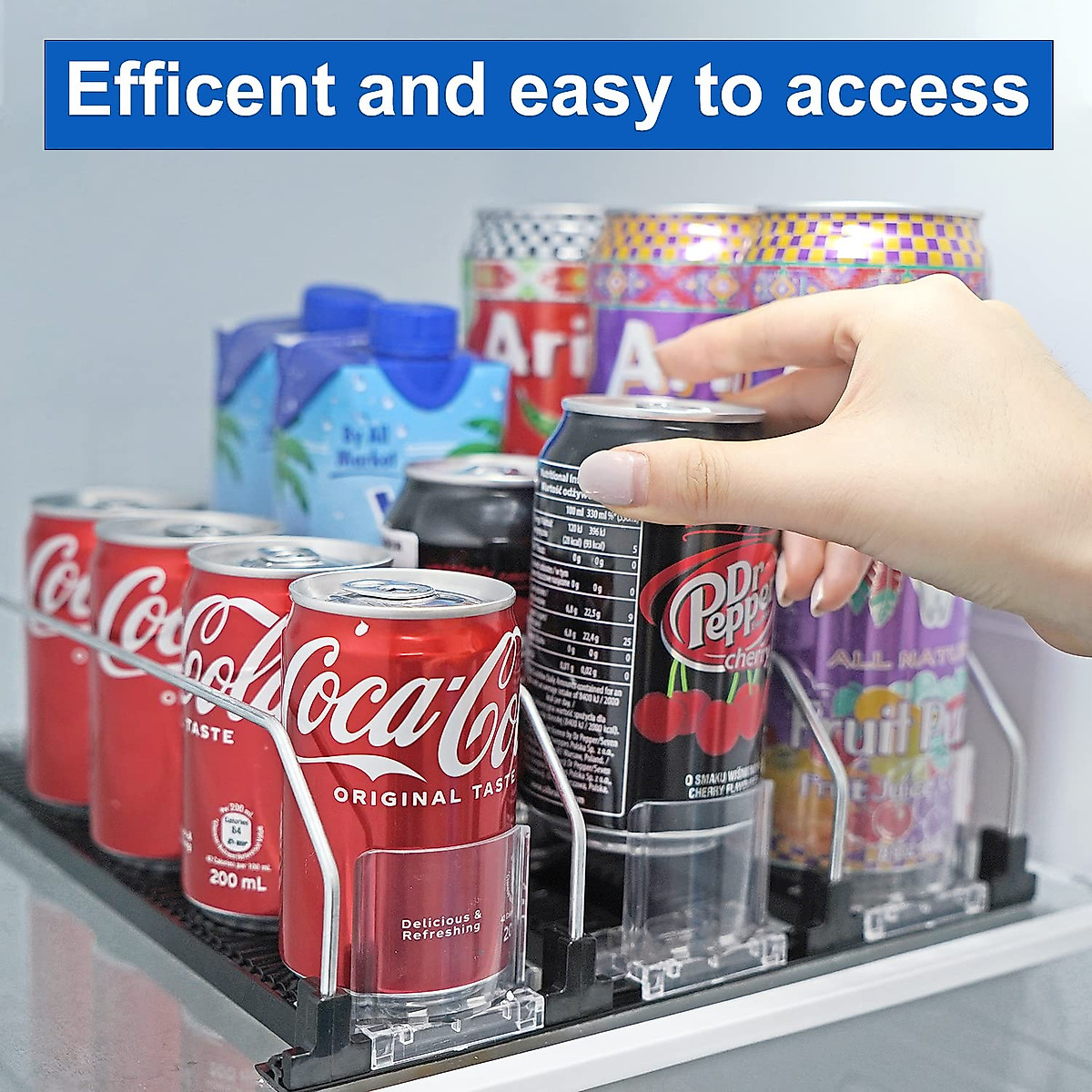 BUDO Drink Dispenser for Fridge, Soda Can Self-Pushing Organizer, Adjustable Width Beer Pop Water Bottle Storage for Refrigerator Kitchen Pantry (15inch, 5 Rows)