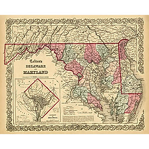 1859 Map of Delaware and Maryland District of Columbia United States Travel Vintage Poster Repro 11" X 14" Image Size SHIPPED ROLLED