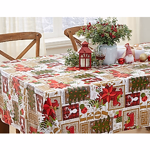 Newbridge Ivory Sleigh Bells Ring Country Rustic Vinyl Flannel Back Vinyl Christmas Tablecloth, Moose Antlers, Sleighs and Festive Xmas Wipe Clean Tablecloth, 60 Inch x 84 Inch Oblong/Rectangle
