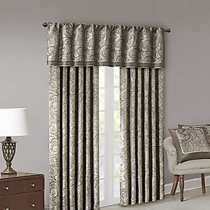 Madison Park Aubrey Faux Silk Paisley Jacquard, Rod Pocket Curtain for Living Room, Kitchen, Bedroom and Dorm, 50 in x 84 in, Taupe/Blue