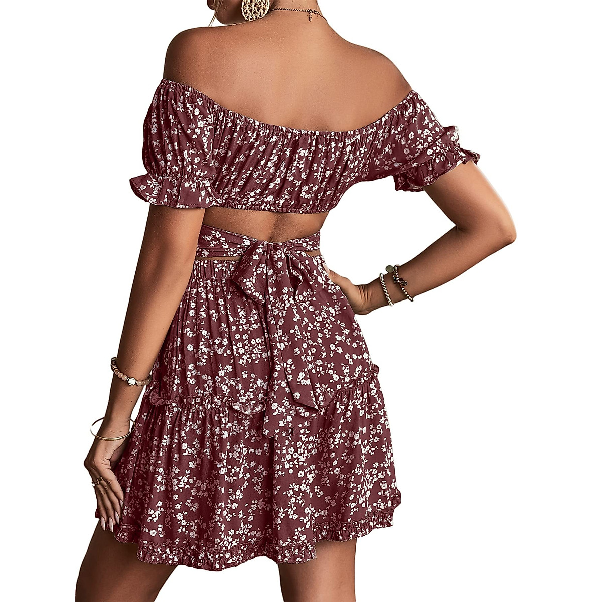 LYANER Women's 2 Piece Outfits Floral Off Shoulder Tie Up Crop Top and Mini Skirt Set Wine Red Floral Small