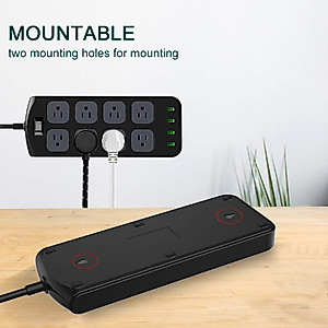 Power Strip Surge Protector 1875W/15A - 8 AC Outlets 3.1A 4 USB Ports 6 Feet Long Extension Cord, Mountable Power Outlet for Flat Plug Phone iPad PC Laptop Home,Office & Hotel - Black