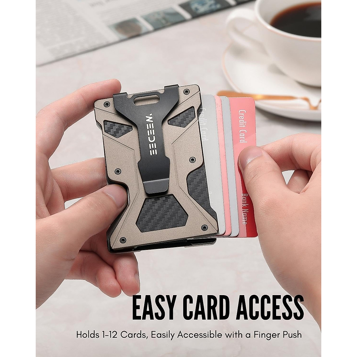 WeeDee Minimalist Slim Wallet for Men - Carbon Fiber Tactical Wallets with Clear ID Badge Holder RFID Blocking - EDC Aluminum Metal Wallet Credit Card Holder with Money Clip