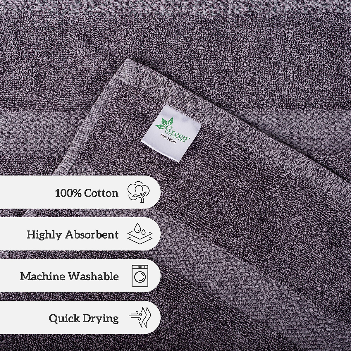 GREEN LIFESTYLE Soft Cotton Towels for Pool, Spa, and Gym Lightweight and Highly Absorbent Quick Drying Towels (24" x 48", Charcoal)