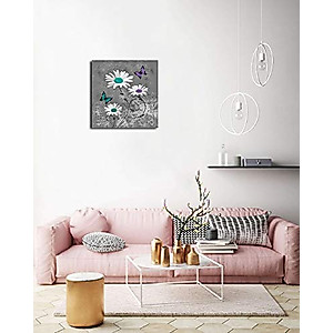 COLLA Canvas Print Wall Art Teal Purple Daisy Flower Butterflies Decorative Paintings Modern Home Wall Decor for Bedroom Living Room Bathroom Framed Ready to Hang 12x12 Inches