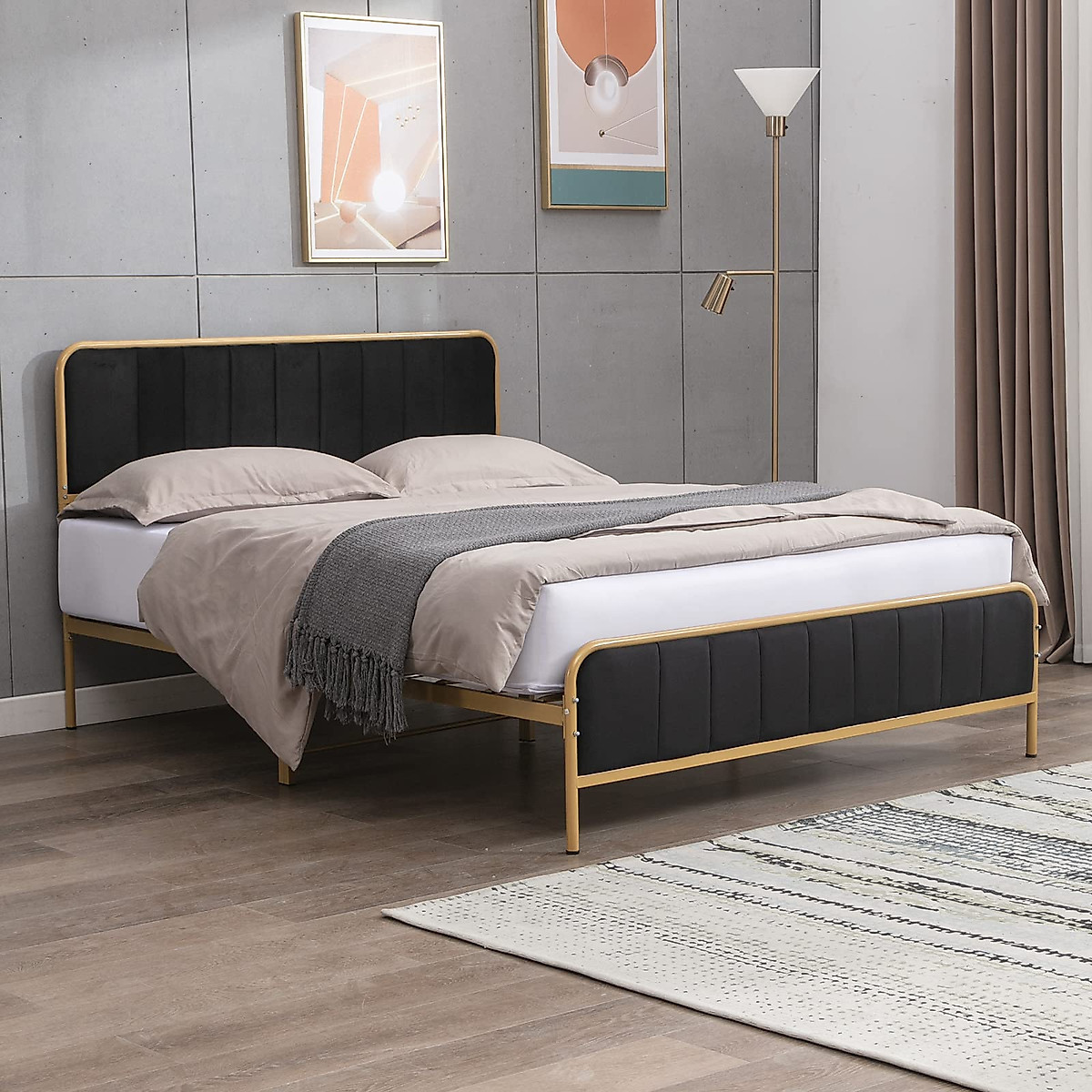 Mixoy Cal King Metal Bed Frame, Velvet Platform Bed Frame with Headboard, Heavy Duty Metal Mattress Foundation, Strong Metal Slat Support, No Box Spring Needed, Easy Assembly (Cal King,Golden/Black)