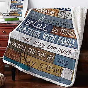 Yun Nist Lake Rules Fleece Sherpa Throw Blanket Inspirational Quotes Soft Warm Cozy Fuzzy Blankets Wood Grain Reversible Plush Fluffy TV Throws for Couch Sofa Bed Farmhouse 40x50In