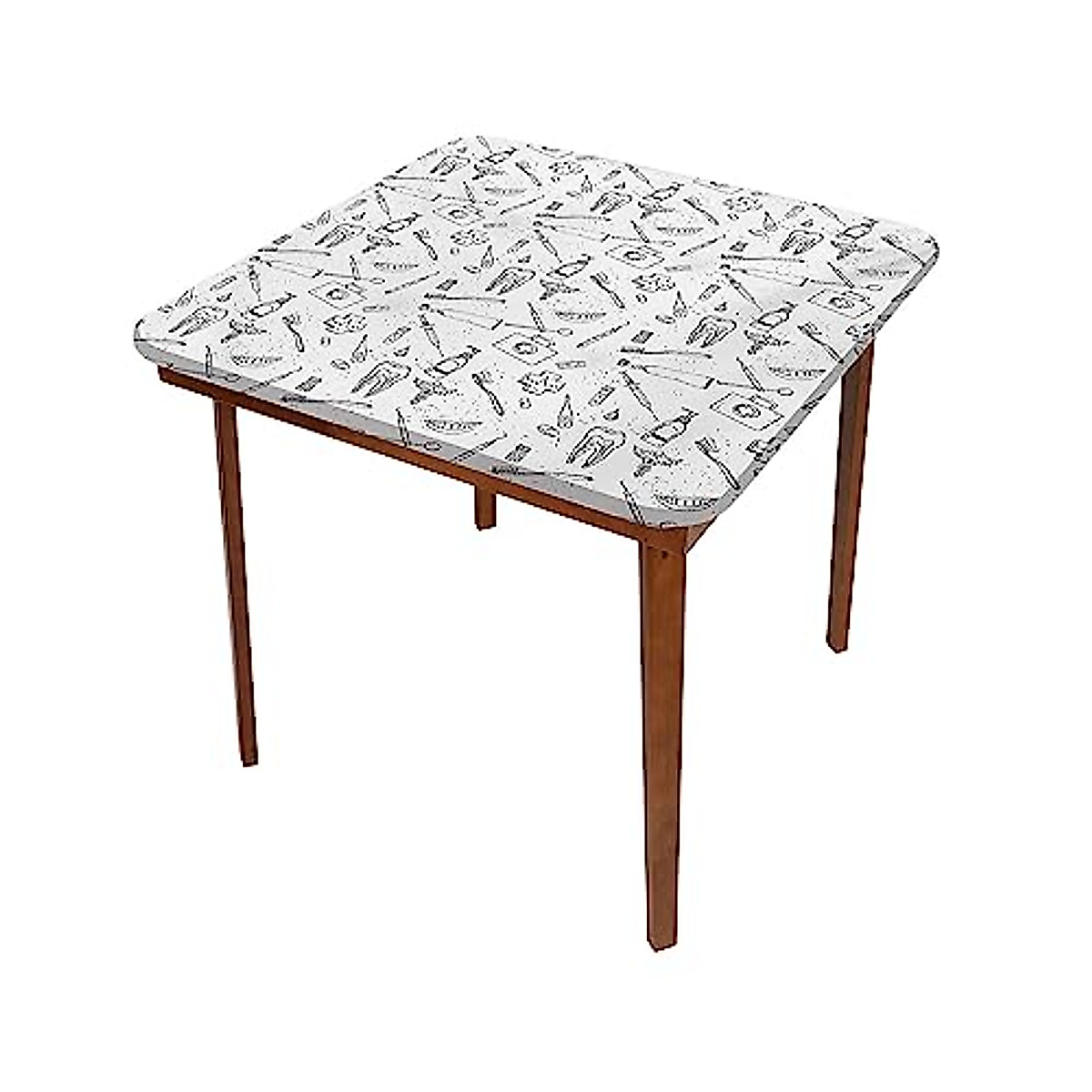 JUNTAIY Doodle Elastic Edged Tablecloth, Hand Drawn Medical Pattern Dental Hygiene Home Decorative Tablecloths, Fits 36x36 inch Table, Great for Home Kitchen/Parties/Holiday Dinner, Black and White