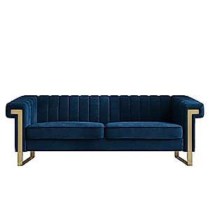 JULYFOX Blue Velvet Couch Channel Tufted, 84 inch Wide Mid Century Modern Living Room Sofa Extra Wide Armrest 700 lb Heavy Duty Updated Chesterfield Design