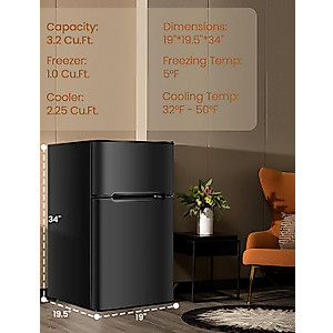 NAFORT Mini Fridge with Freezer 3.2 cu ft. 2-Door Freezer Cooler Refrigerator with Reversible Door, Removable Glass Shelves&Drawer, Mechanical Control, Recessed Handle for Dorm, Office, Apartment