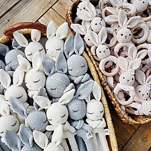 Cotton Crochet Bunny Doll Rattle Sleepy Head Bunny Toy | 13 inch Baby First Stuffy Amigurumi Buddy Security Blanket Newborn Photo Prop (White Sleepy Bunny)