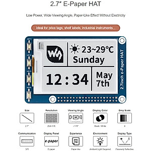 waveshare 2.7inch E-Ink Display HAT,264x176 Pixel Black,White Two-Color 3.3V/5V E-Paper Screen LCD for Raspberry Pi 4B/3B+/3B/2B/Zero/Zero W/Zero WH and Jetson Nano SPI Interface Support Full Refresh