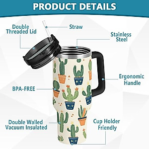 linqin Gigantic Cacti Mint Cream Vacuum Tumbler Insulated with Straw Leak Resistant Flip 40 oz Kids Water Bottle Wide Mouth To Go Coffee Mug for Hiking, Sports, Camp