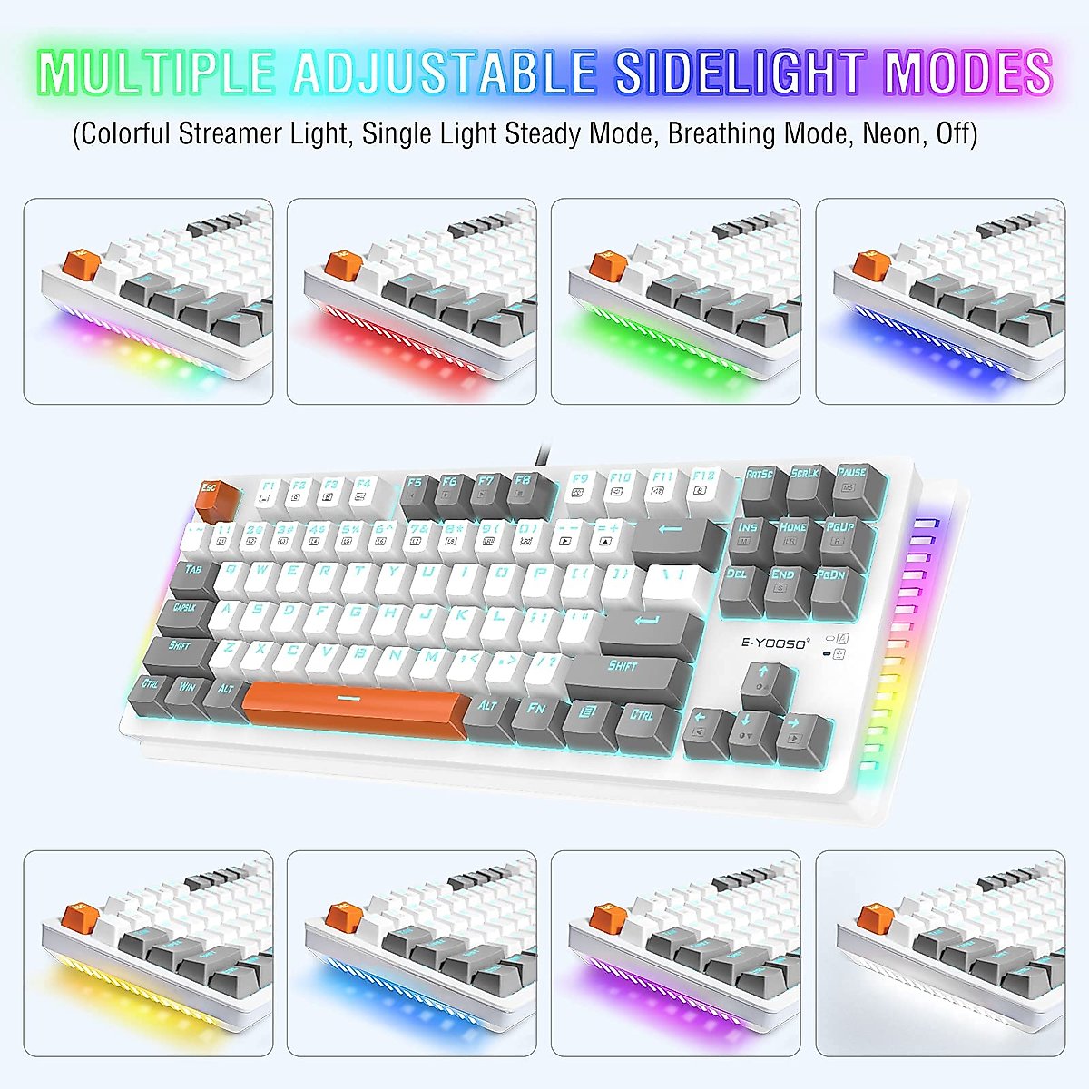 Mechanical Gaming Keyboard, Wired Mechanical Keyboard with Red Switches, 87 Keys Gaming Keyboard with Solid Color Backlit & RGB LED Sidelight for Windows Mac PC Gaming (Color : Brown Switches)