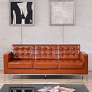 Flash Furniture HERCULES Lacey Series Contemporary Cognac LeatherSoft Sofa with Stainless Steel Frame