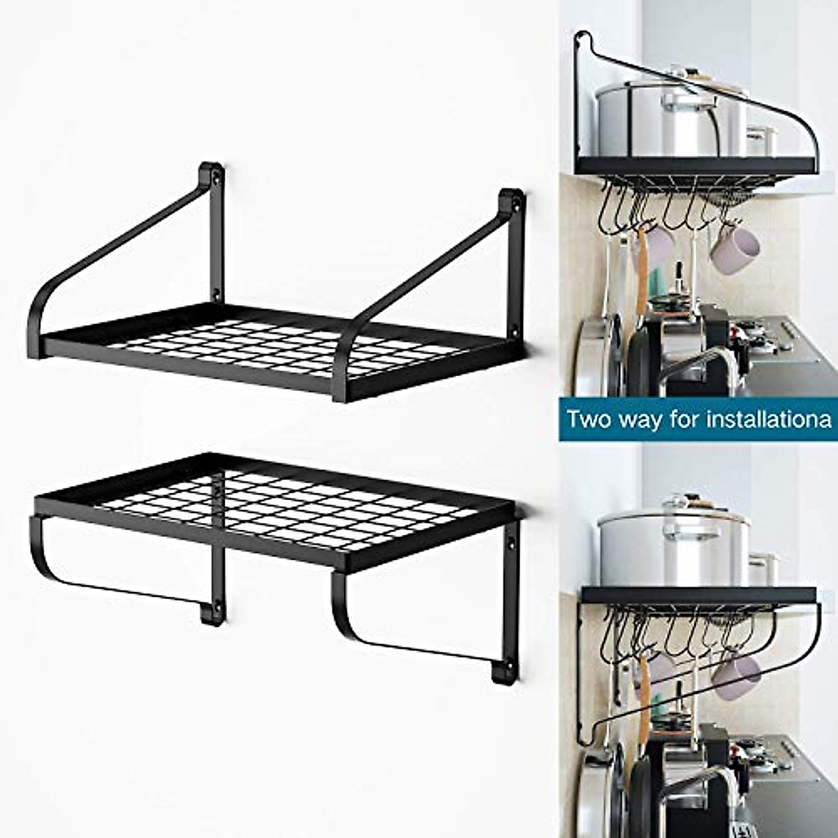 Love-KANKEI Pot Rack Wall Mounted Set of 2 Pan Pot Organizer Wall Shelves with 16 Hooks for Kitchen Cookware Utensils Organization Black